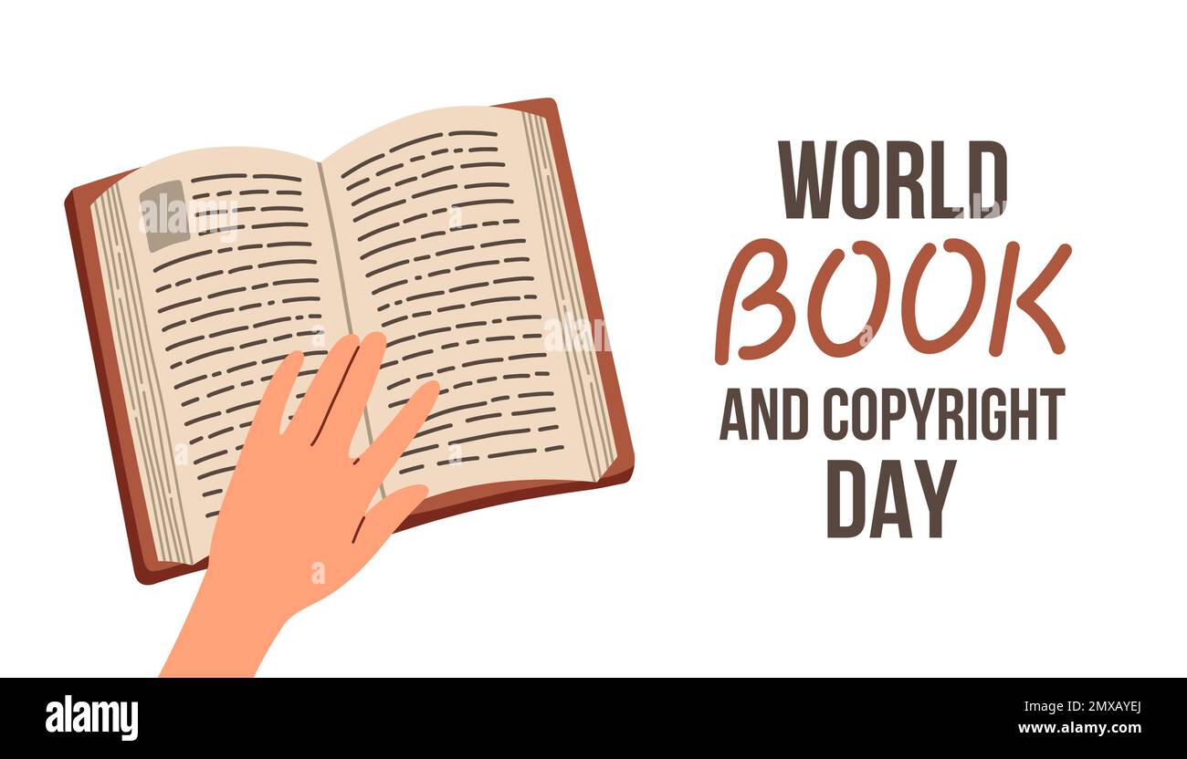 World Book and Copyright Day. Open book with hand on white background. Reading vector ...