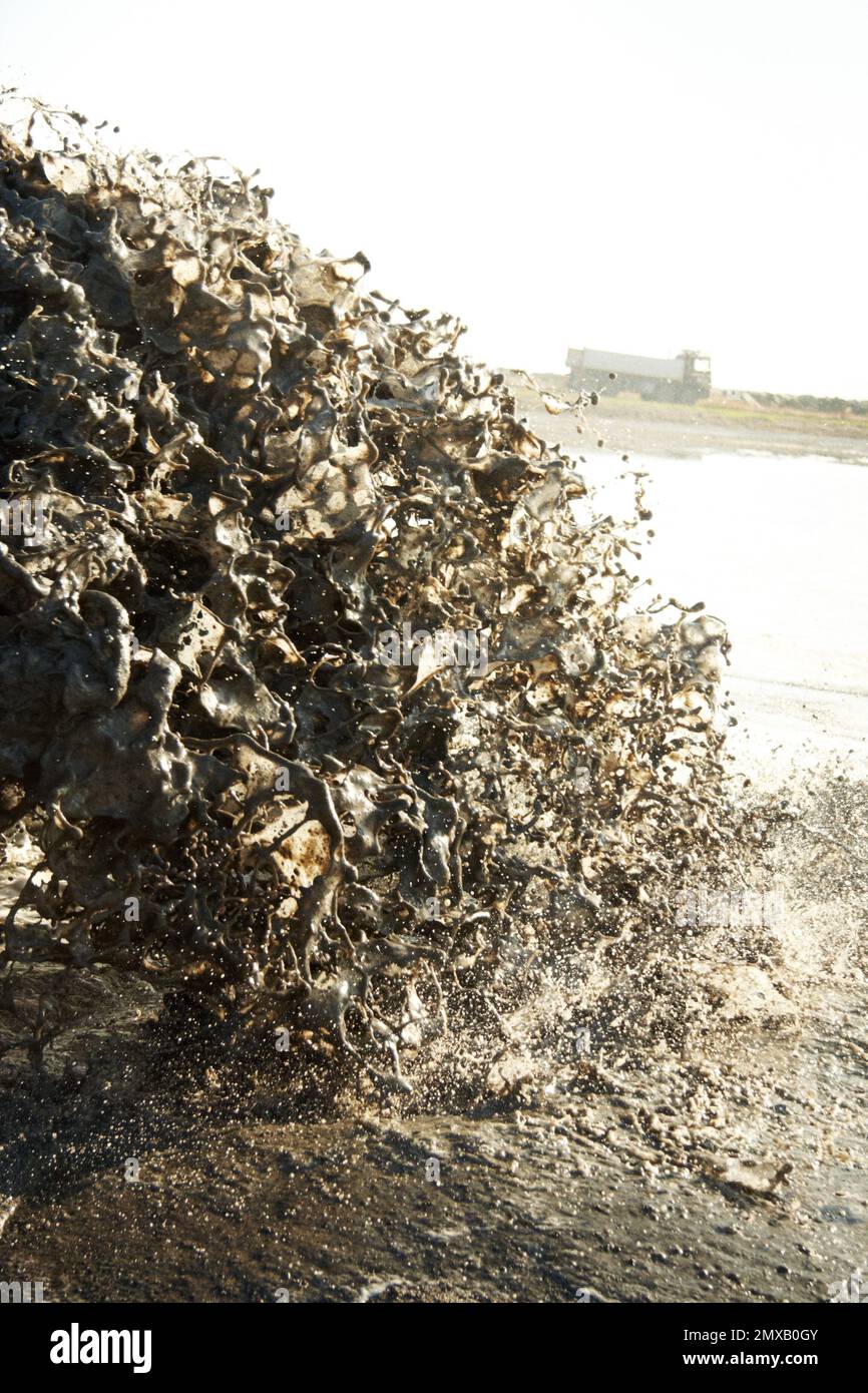 Pollution, pipeline and dirt in water to ocean from industrial waste ...