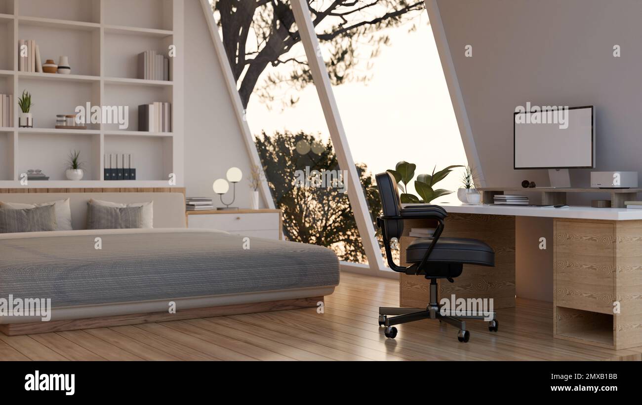 Modern contemporary bedroom with workstation interior design ...