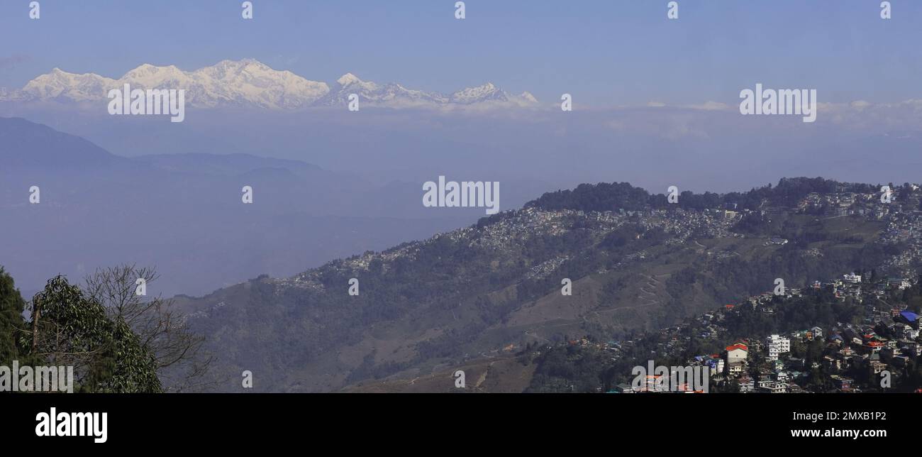 beautiful darjeeling hill station or townscape, snowcapped himalaya ...