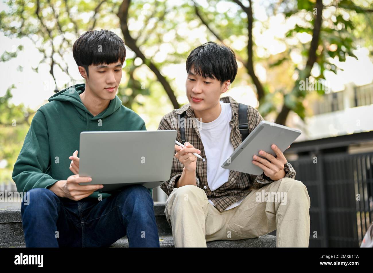 Two smart young Asian male college students focusing on his school ...