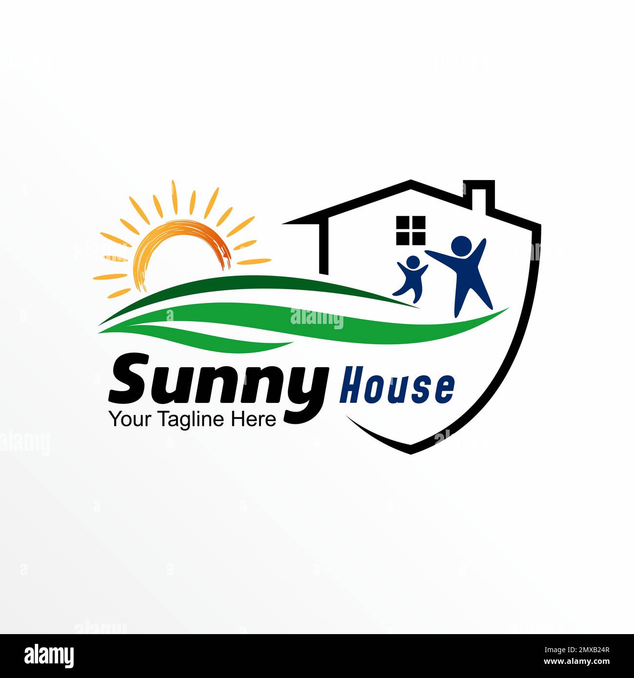 Home protection or guard shield with children and Morning sun image graphic icon logo design ...