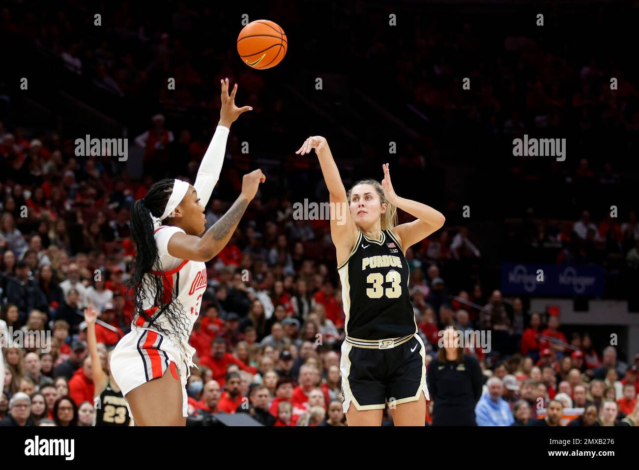 Purdue guard Madison Layden, right, shoots in front of Ohio State ...