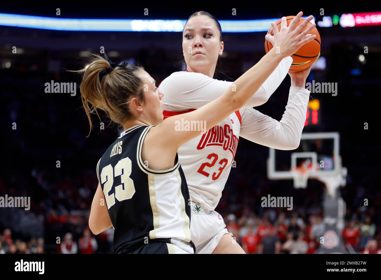 Ohio State forward Rebeka Mikulasikova, right, works against Purdue ...