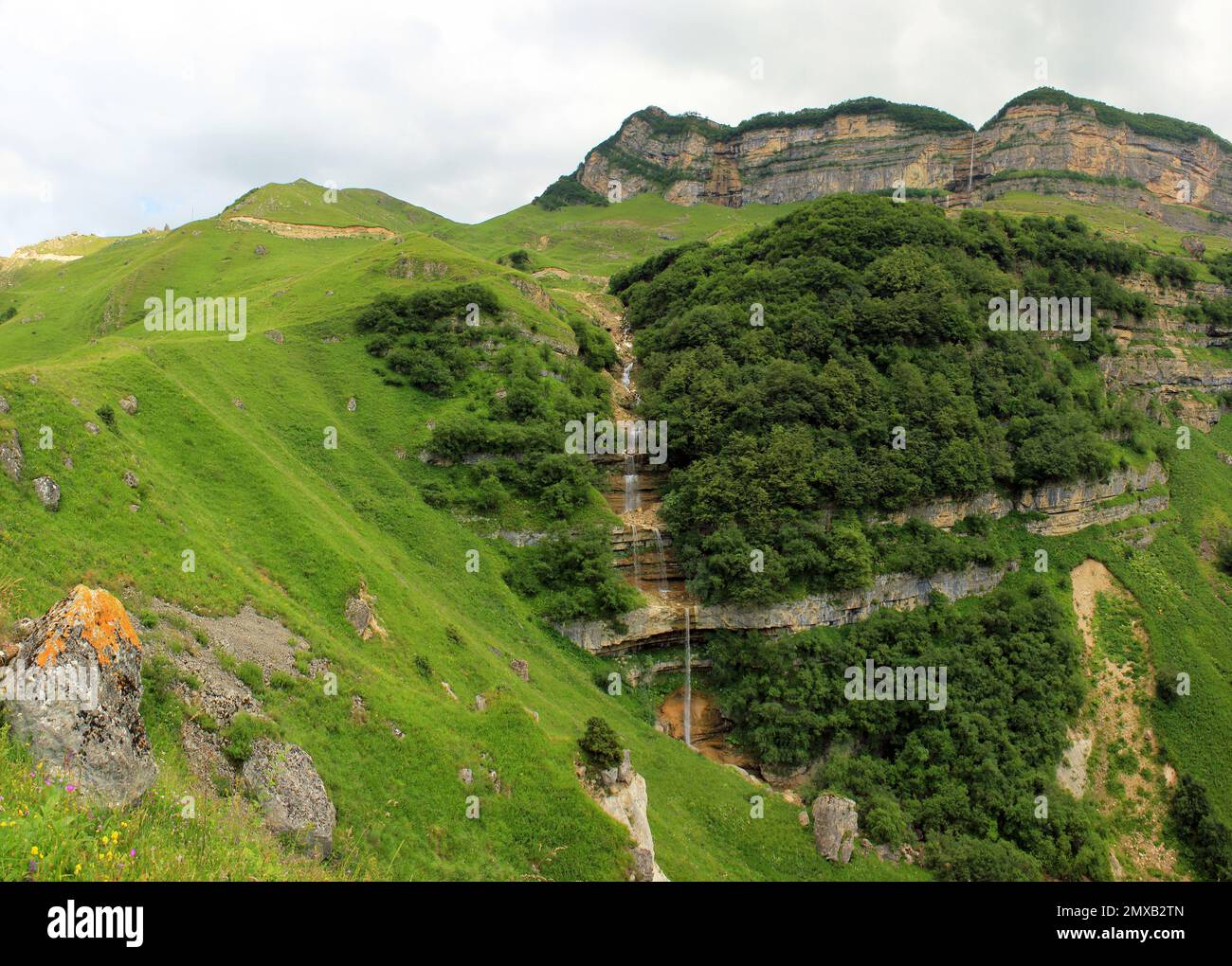 Azerbaijan. Beautiful cascading waterfall in the mountains. Kusar ...