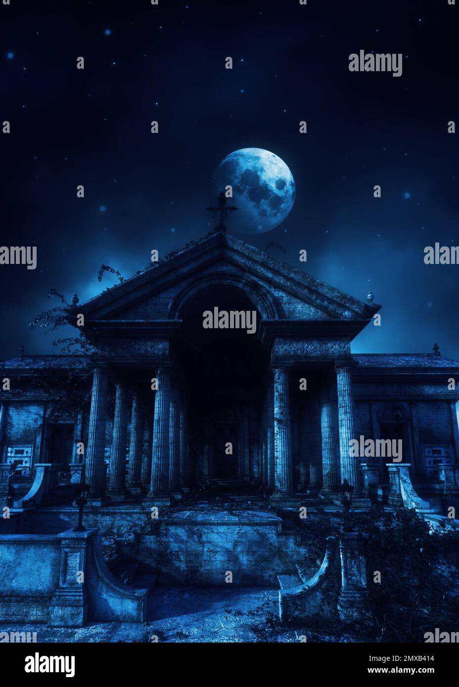 Ancient building, old medieval tomb at night time, 3D Illustration ...