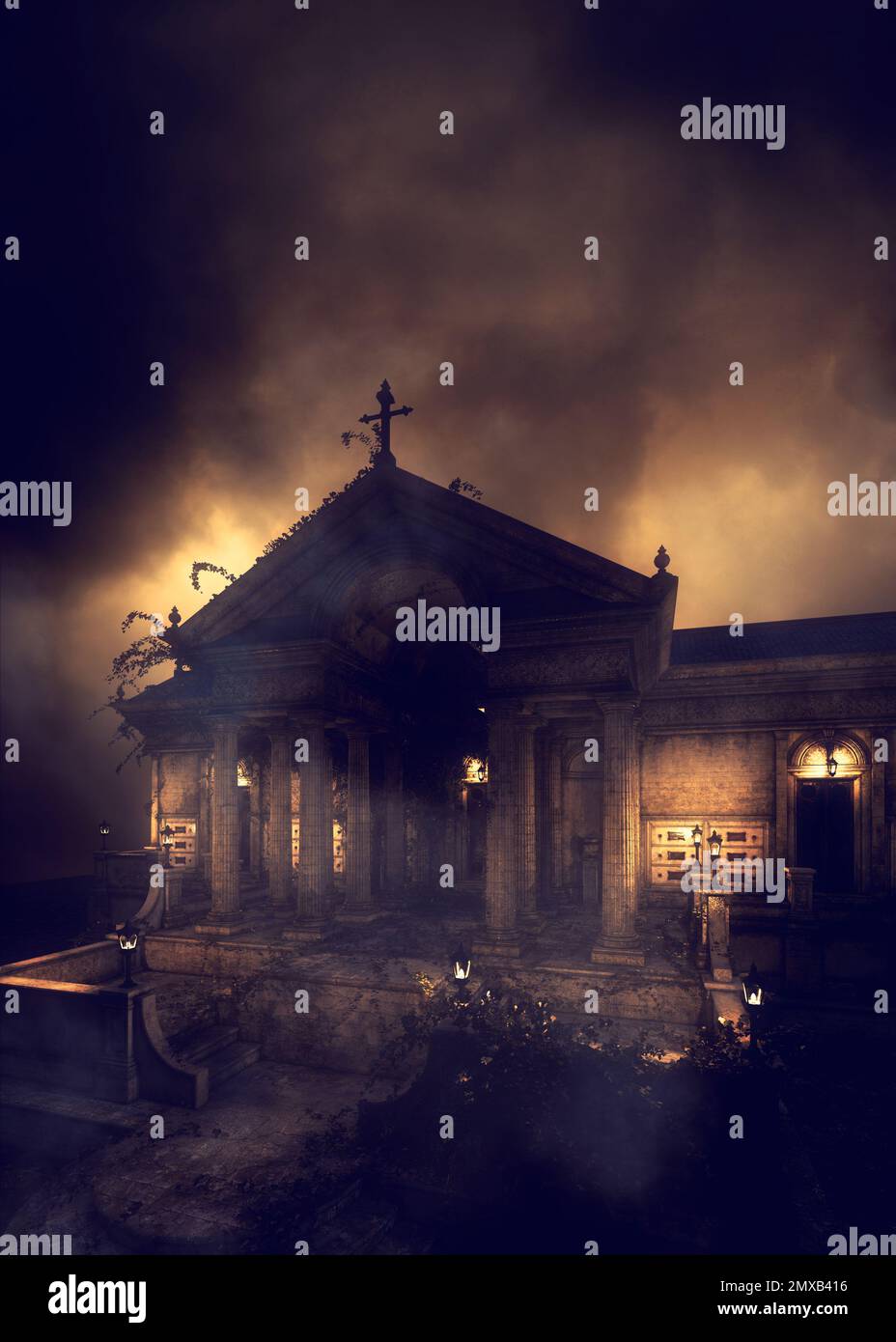 Ancient building, old medieval tomb at night time, 3D Illustration ...