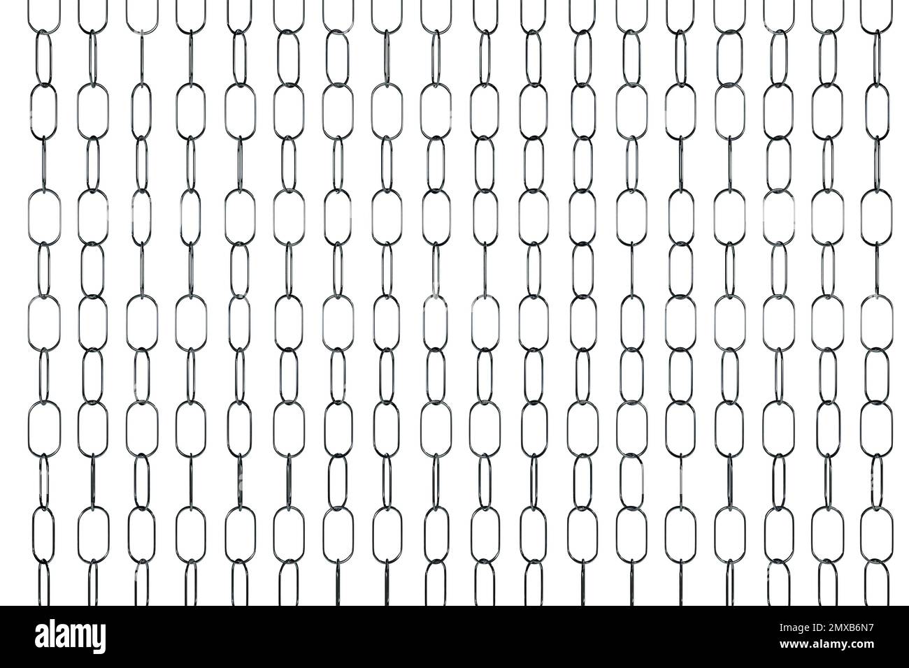 3d illustration of rows of silvery metal chains. Set of chains on a ...