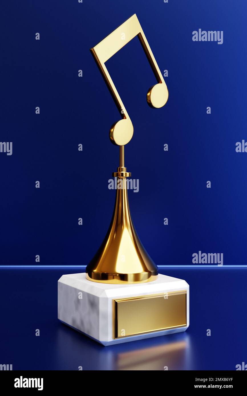 Golden music award with a note on a blue background, 3d illustration ...