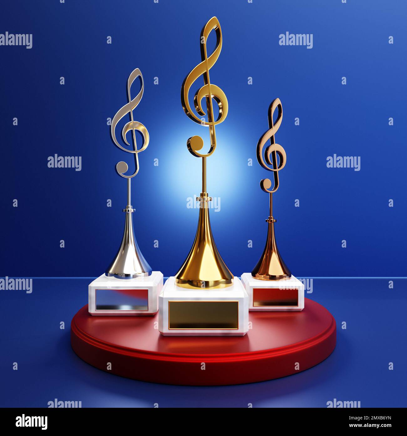 Golden music award with a treble clef on a blue background, 3d ...