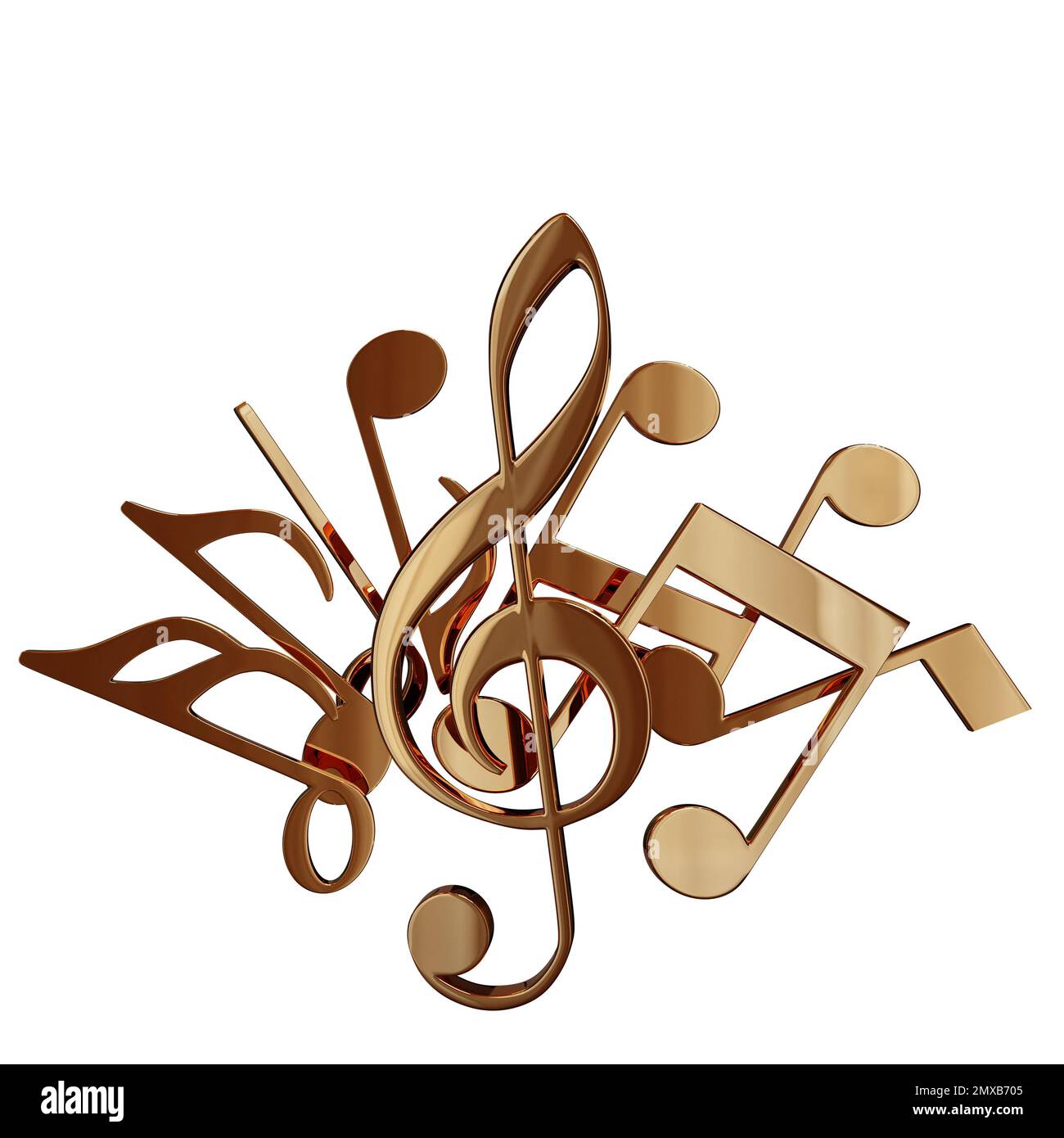 Realistic golden metal treble clef and musical notes on a white ...
