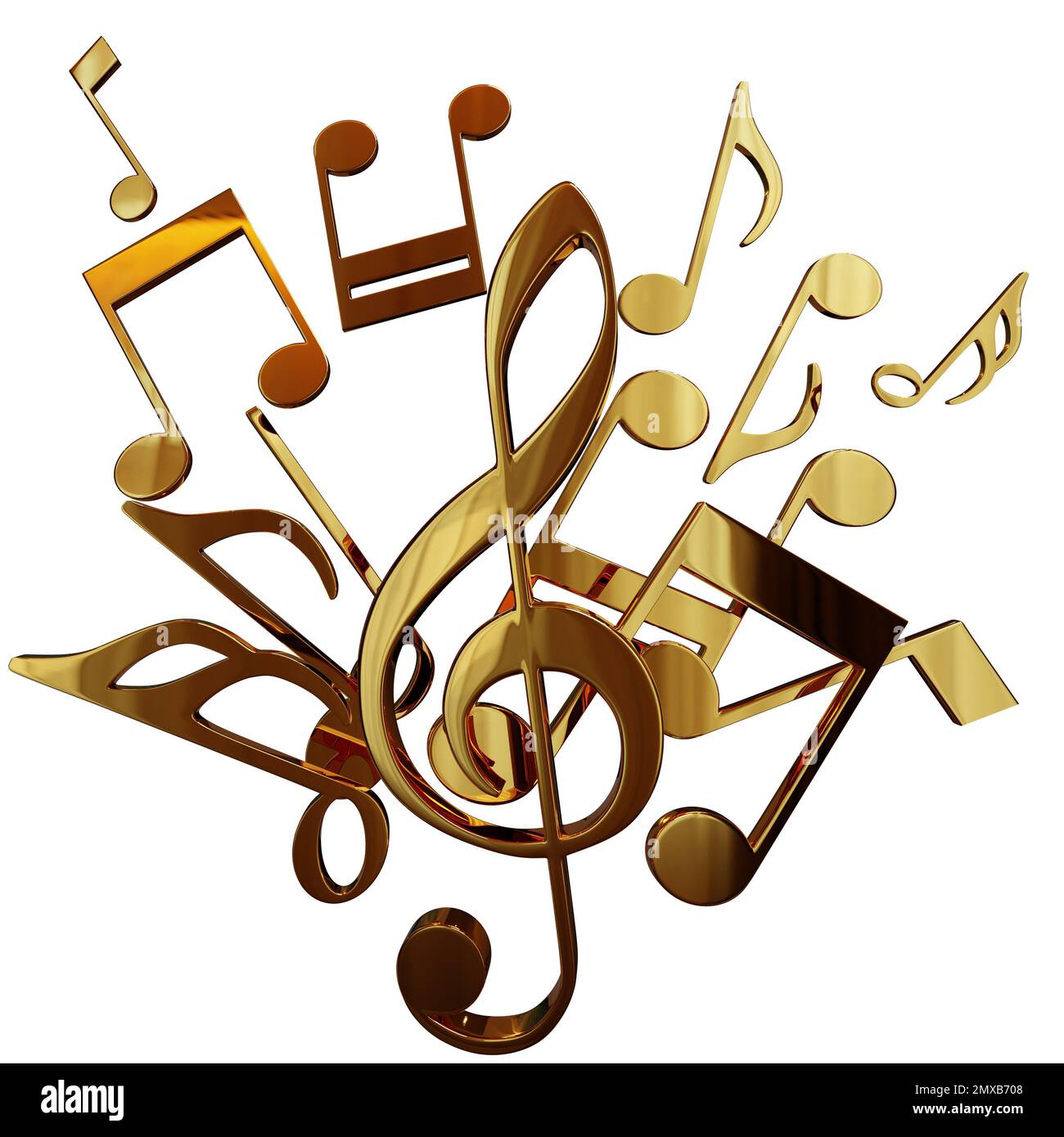 Realistic golden metal treble clef and musical notes on a white ...