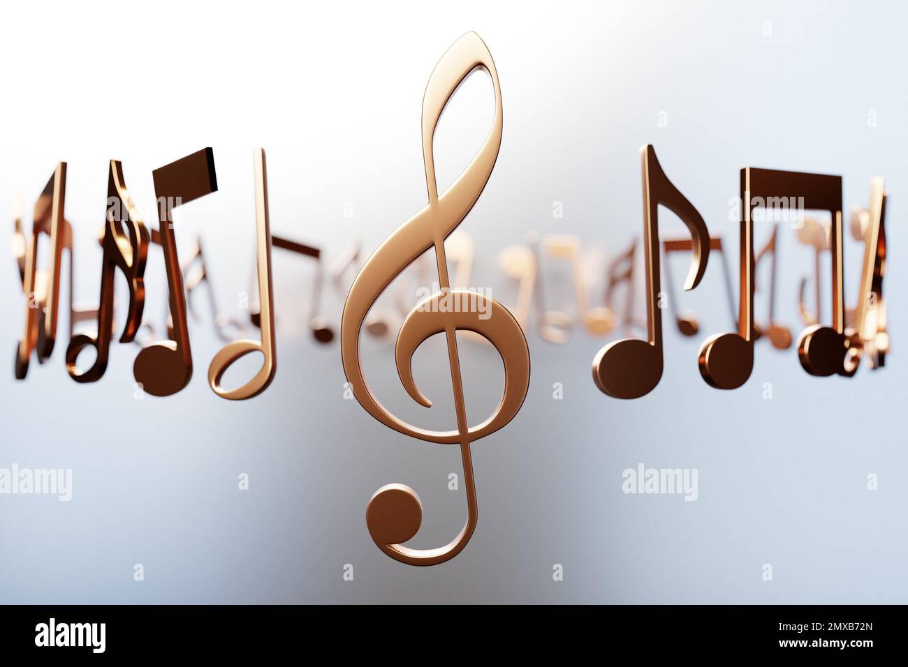 Realistic golden metal treble clef and musical notes on a white ...