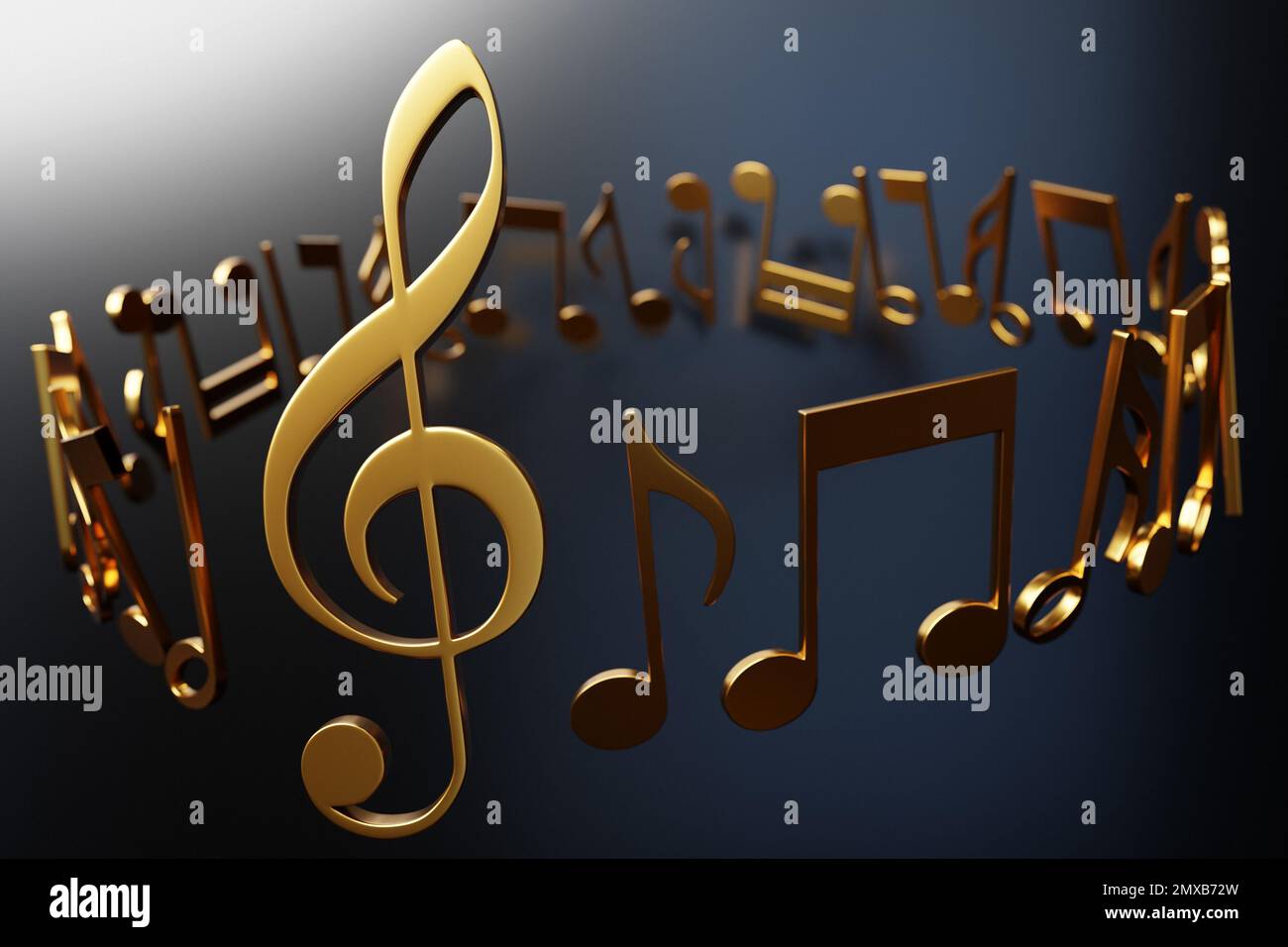 Realistic golden metal treble clef and musical notes on a black ...
