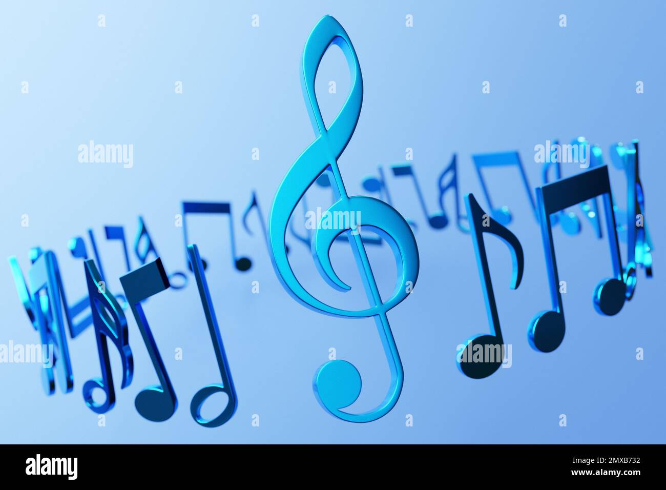 Realistic golden metal treble clef and musical notes on a blue ...