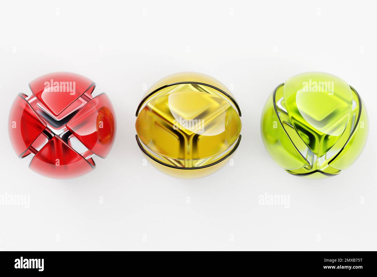 3D illustration of a three colorful lighting balls with many faces ...