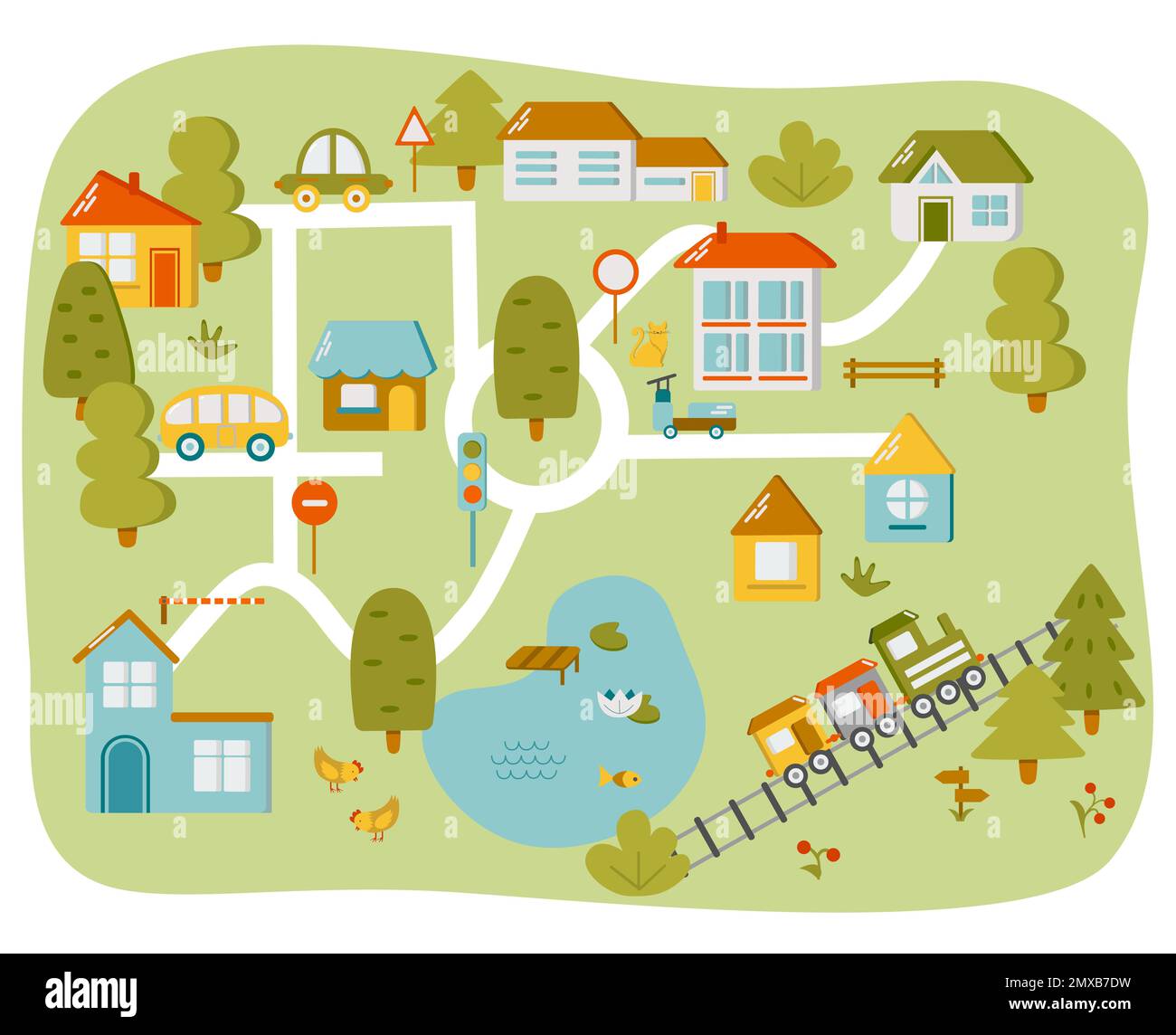 Cute town map for kids room. Landscape with lot details. Vector ...