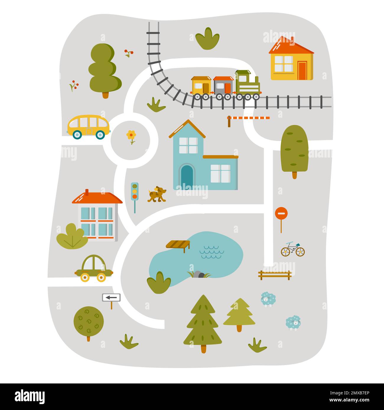 Cute town map for kids room. Landscape with lot details. Vector ...