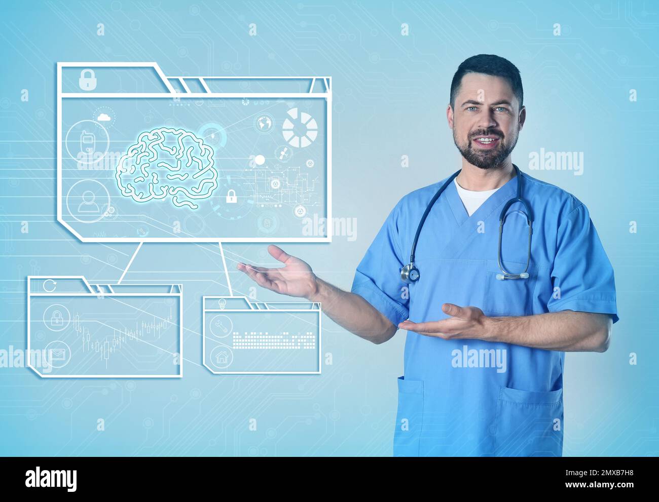 Mature doctor demonstrating machine learning model on blue background ...