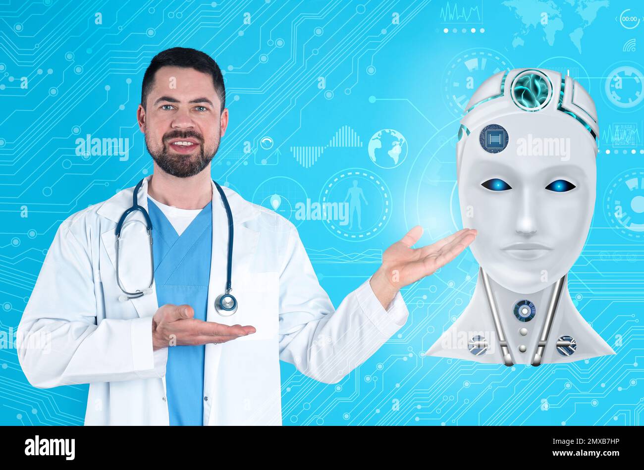 Mature doctor demonstrating digital model of artificial intelligence on ...