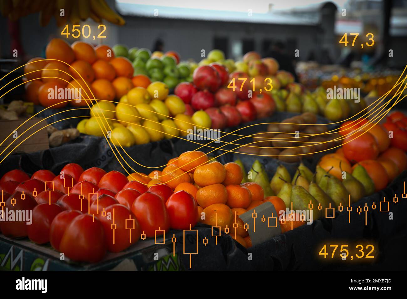 Tasty fresh fruits on counter at wholesale market Stock Photo - Alamy