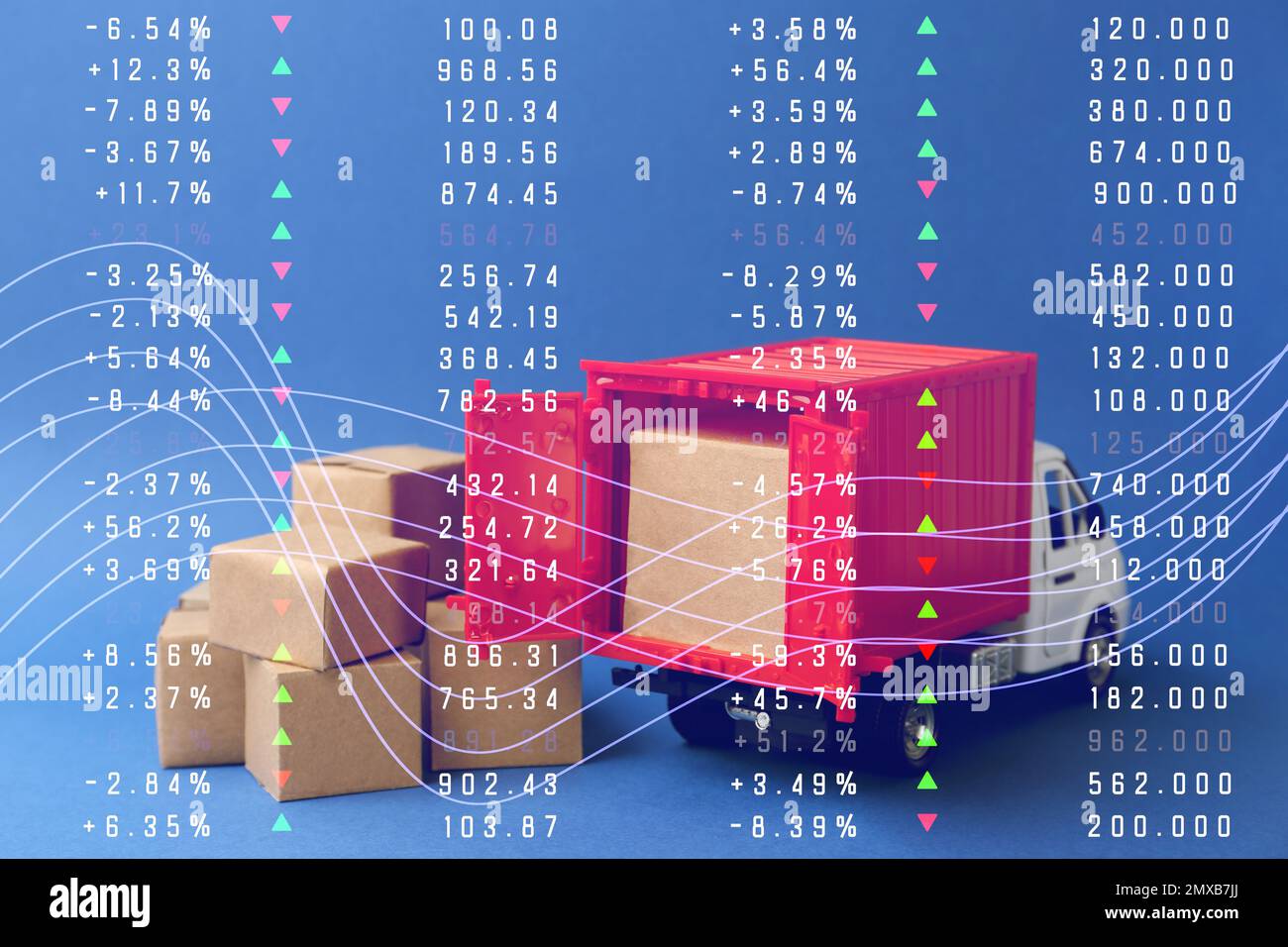 Wholesale trading. Truck model and carton boxes on blue background ...