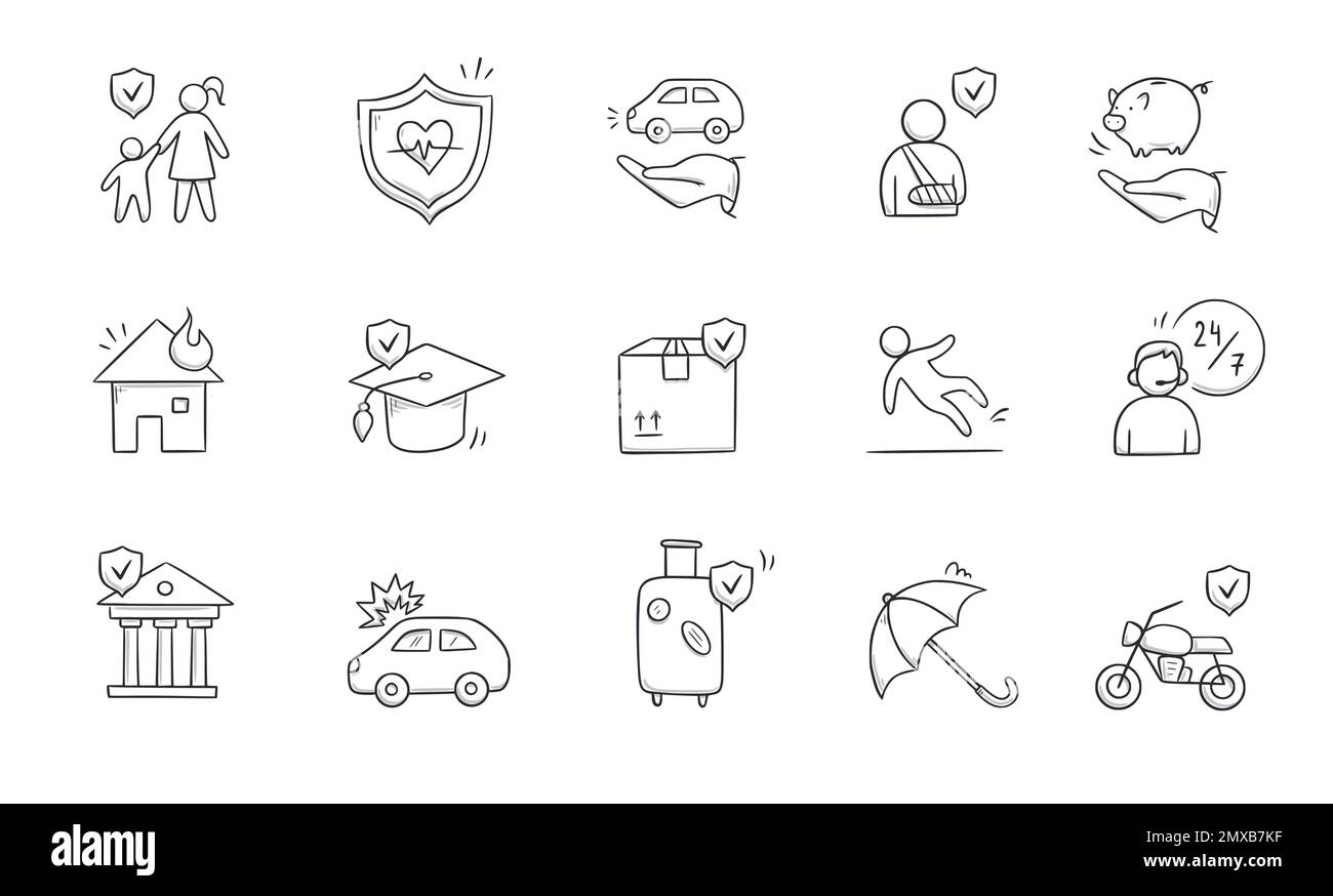 Insurance doodle icon set. Hand drawn sketch life shield, insurance ...