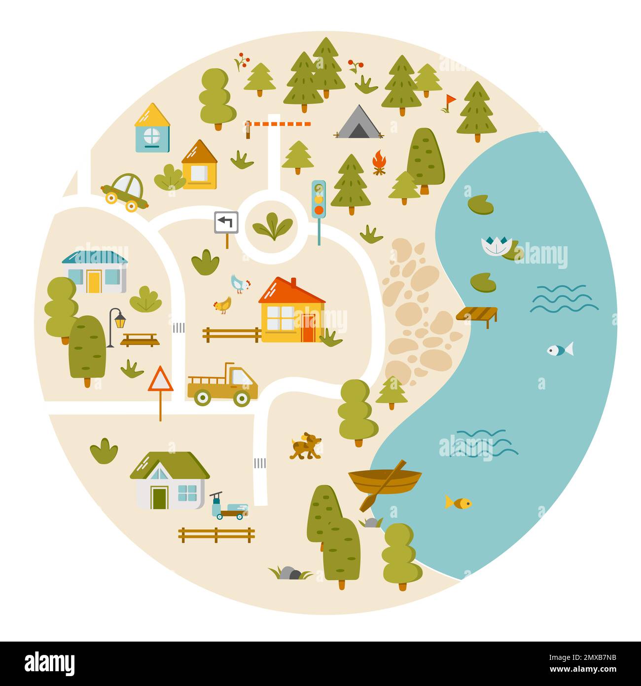 Cute town map for kids room. Landscape with lot details. Vector ...