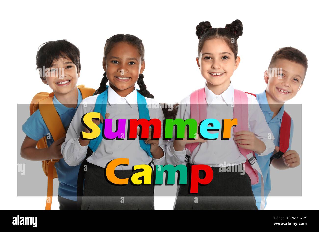 Group of little children with backpacks on white background. Summer camp Stock Photo - Alamy