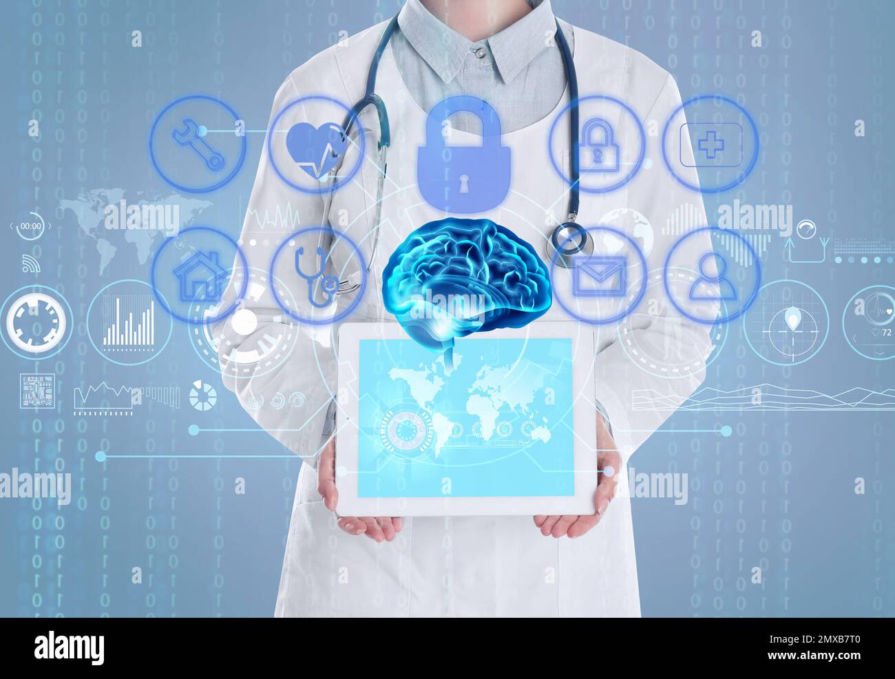 Double exposure of doctor with tablet and artificial intelligence model ...
