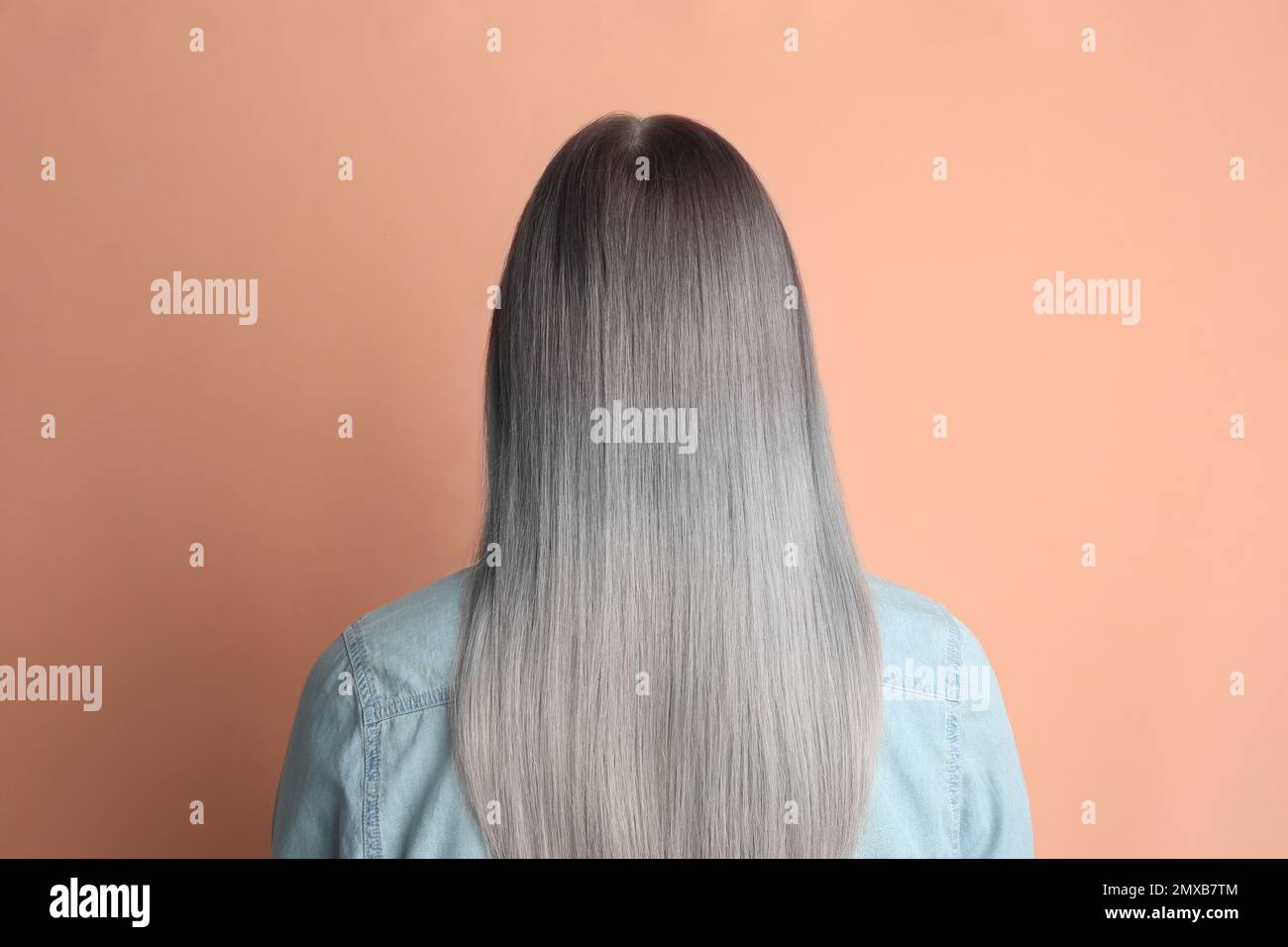 Woman with gray hair on pale pink background, back view Stock Photo - Alamy