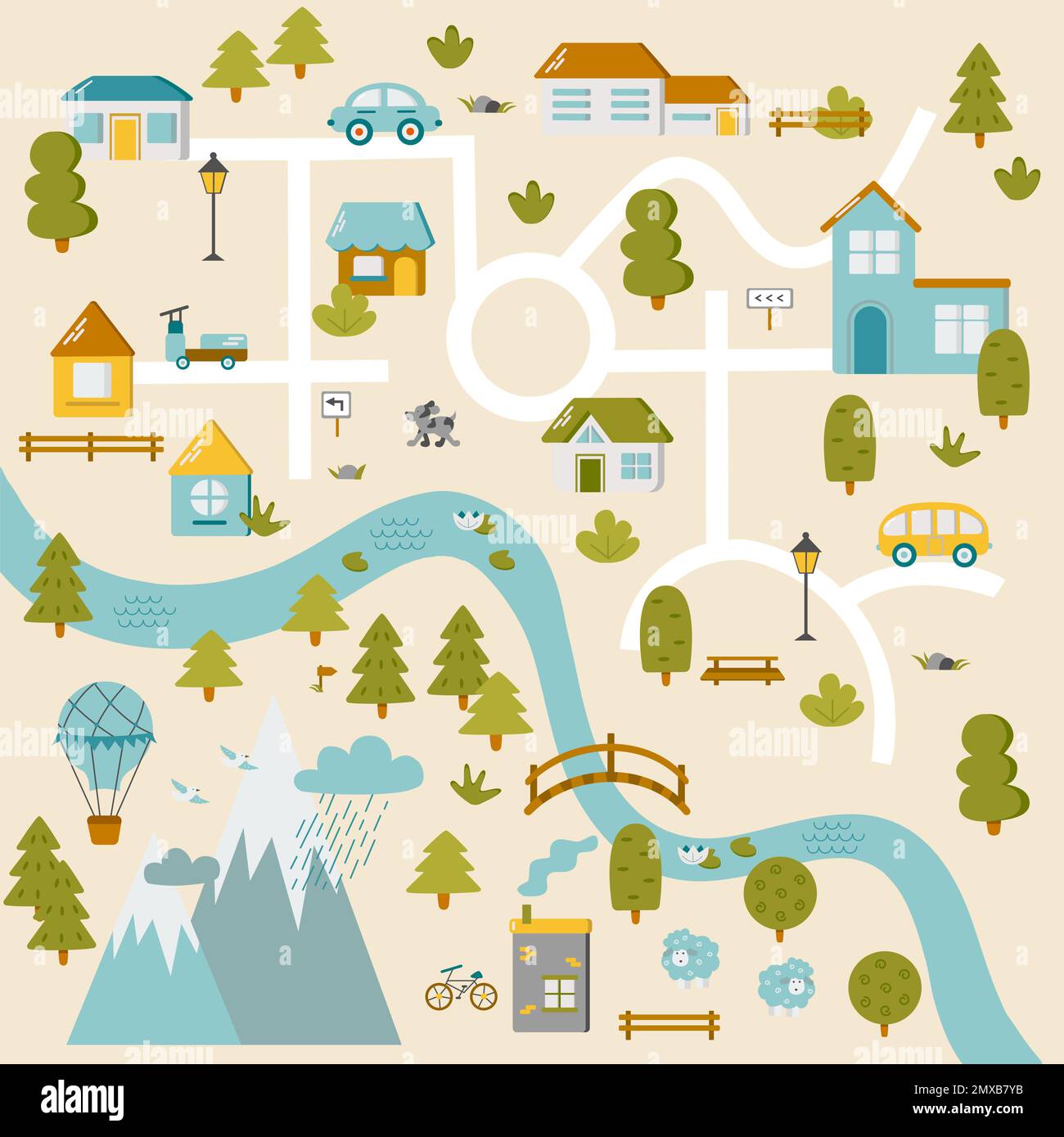 Cute town map for kids room. Landscape with lot details. Vector ...