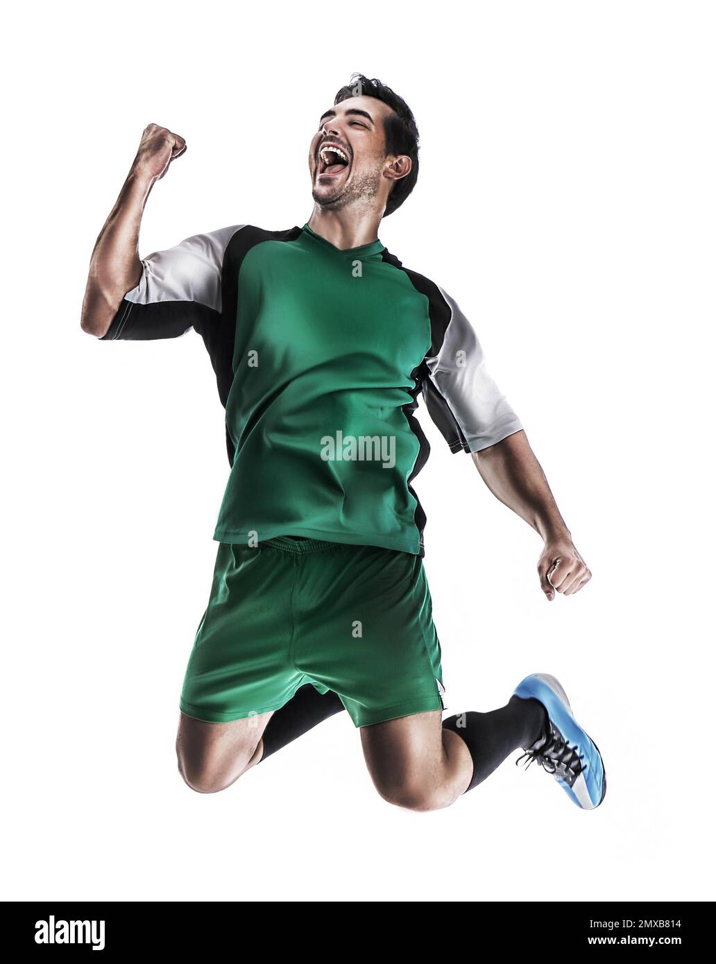 Young emotional football player on white background Stock Photo - Alamy