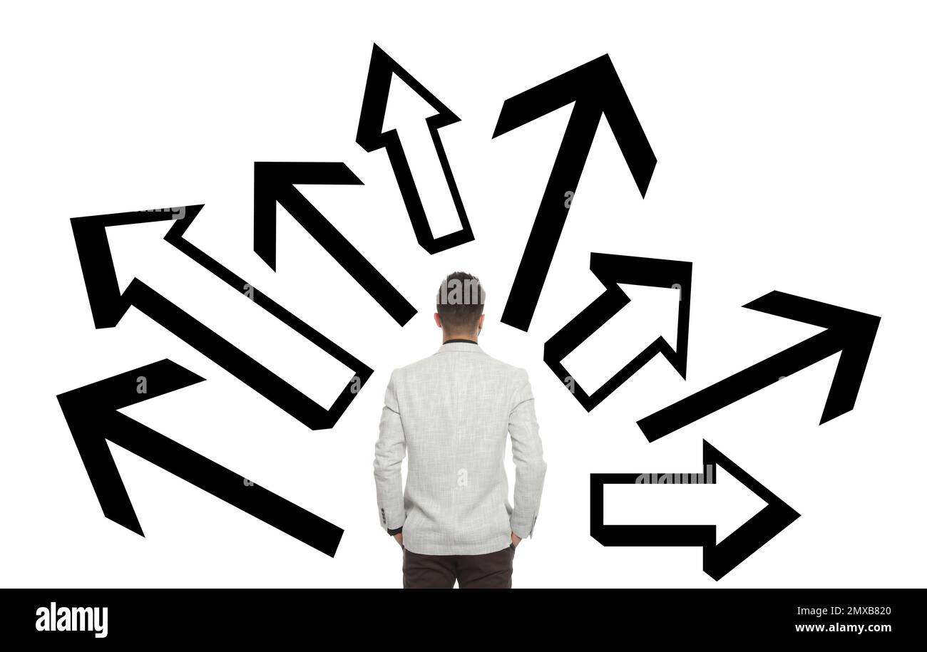 Choose your way. Man and arrows pointing in different directions on ...