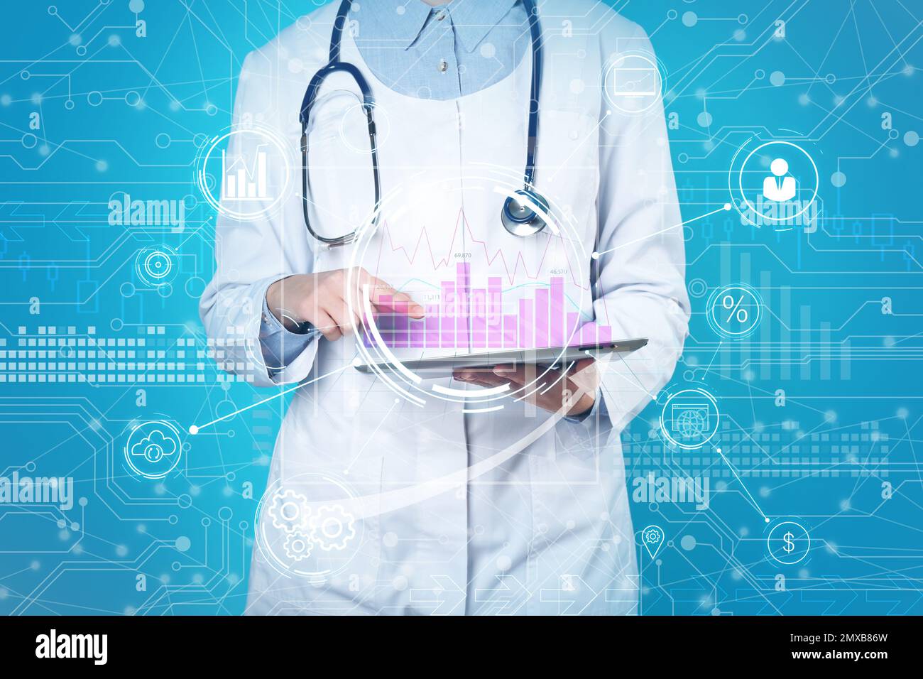 Double exposure of doctor using tablet and digital schemes. Machine ...