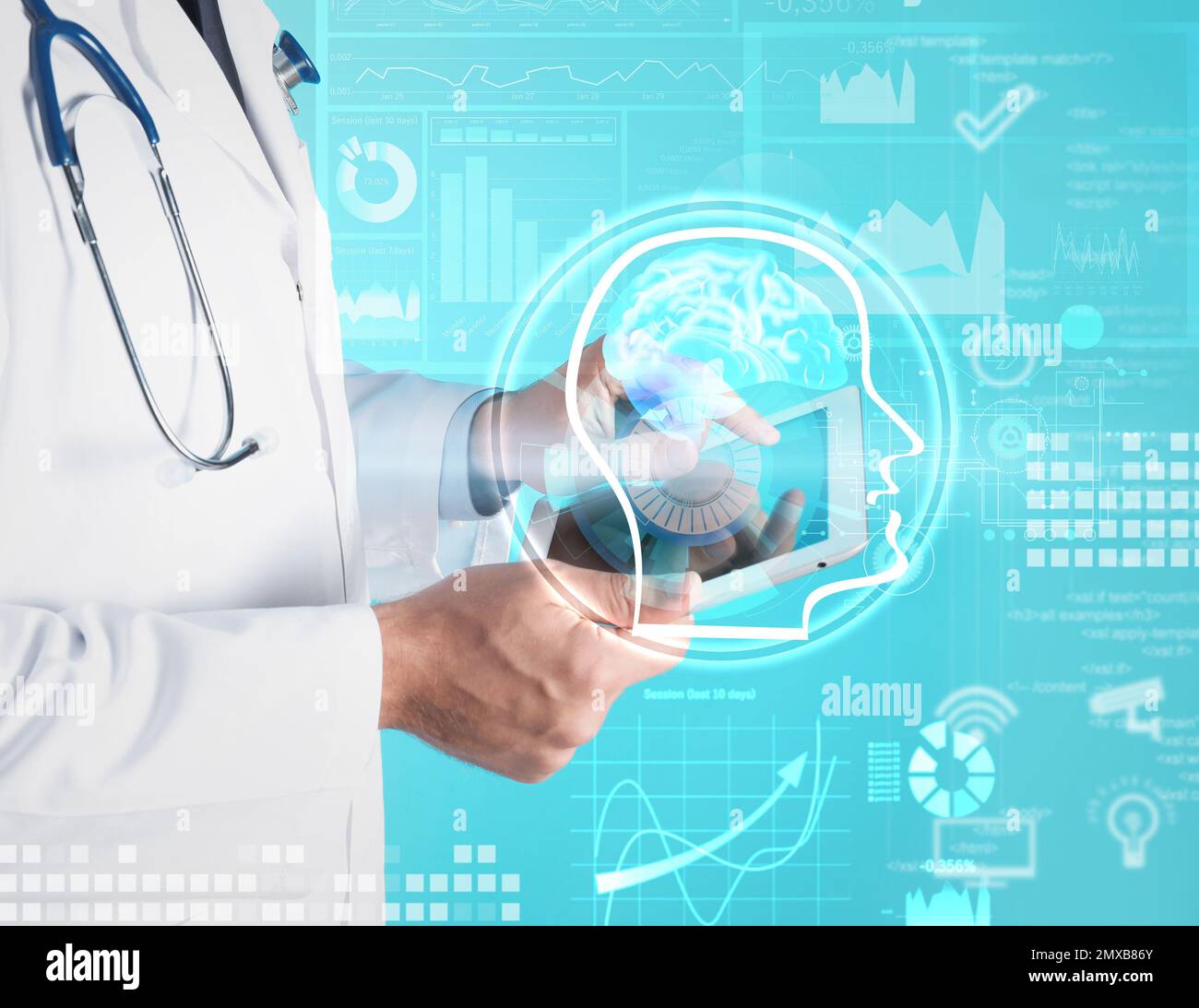 Double exposure of doctor using tablet and artificial intelligence ...