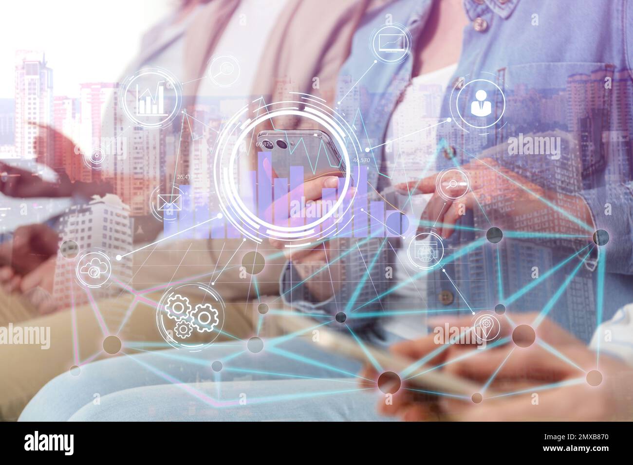 Financial technology and mobile communication concept. People working ...