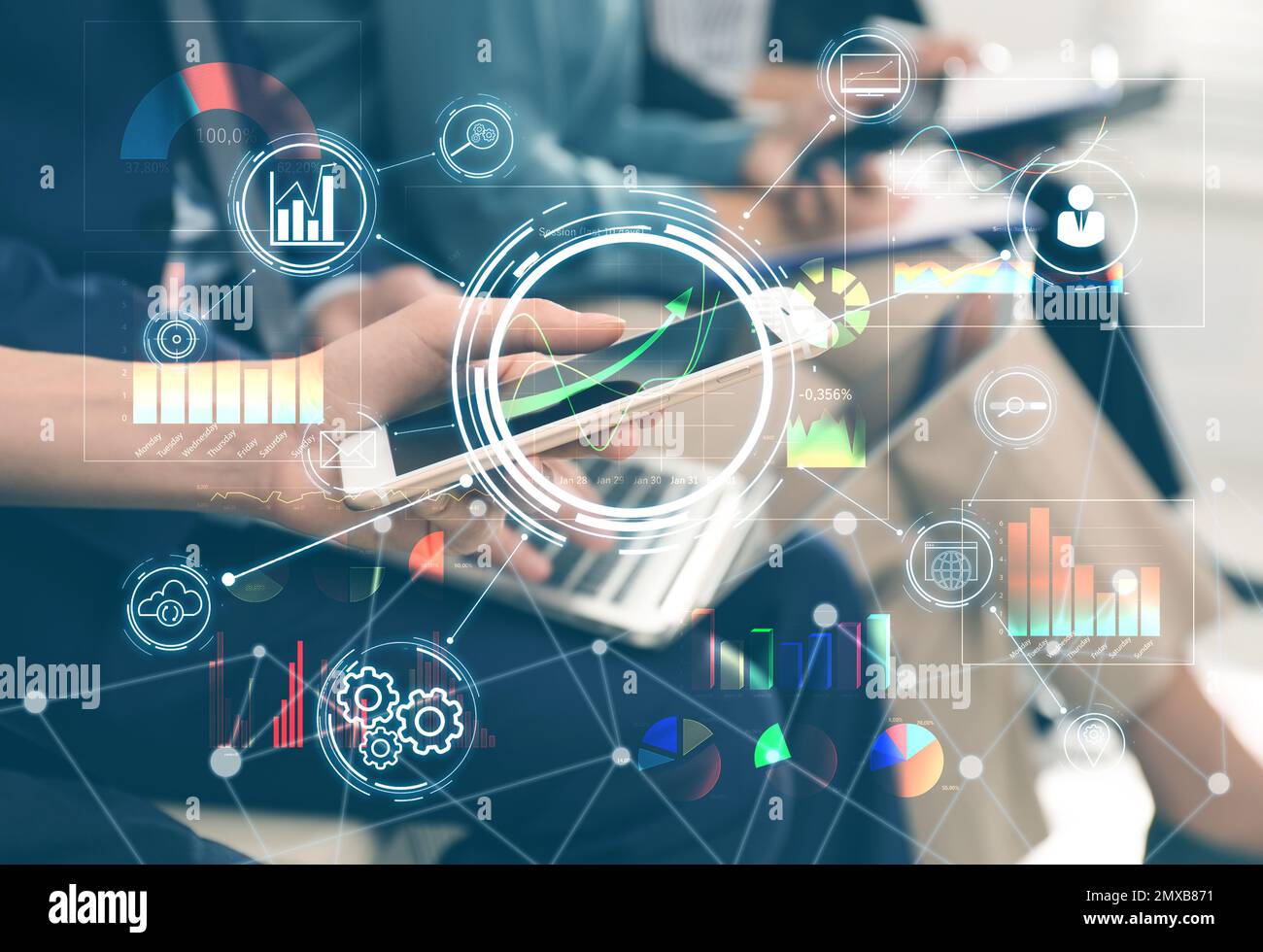 Financial technology and mobile communication concept. People working ...