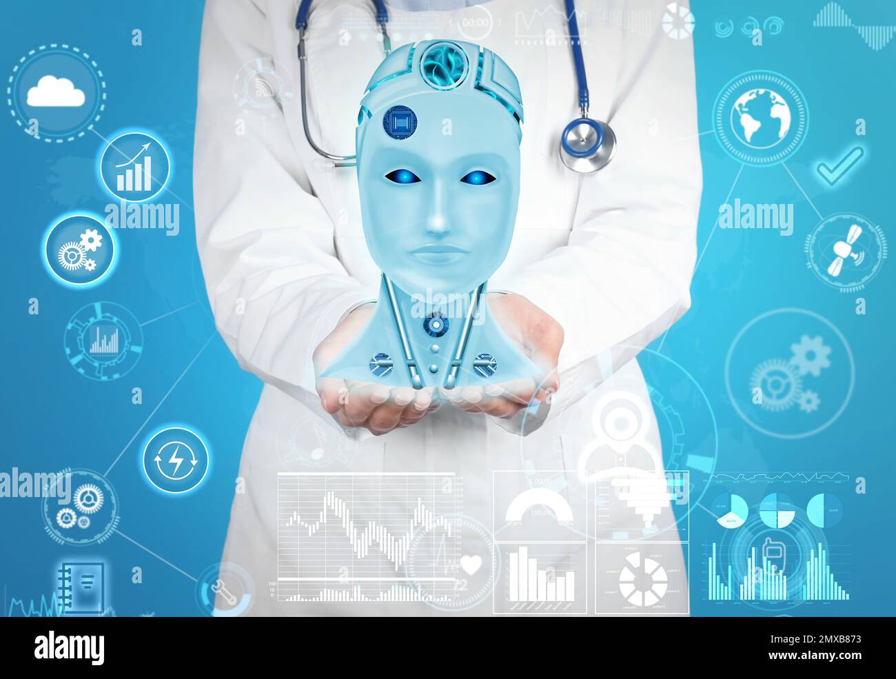 Doctor demonstrating digital model of artificial intelligence on blue ...