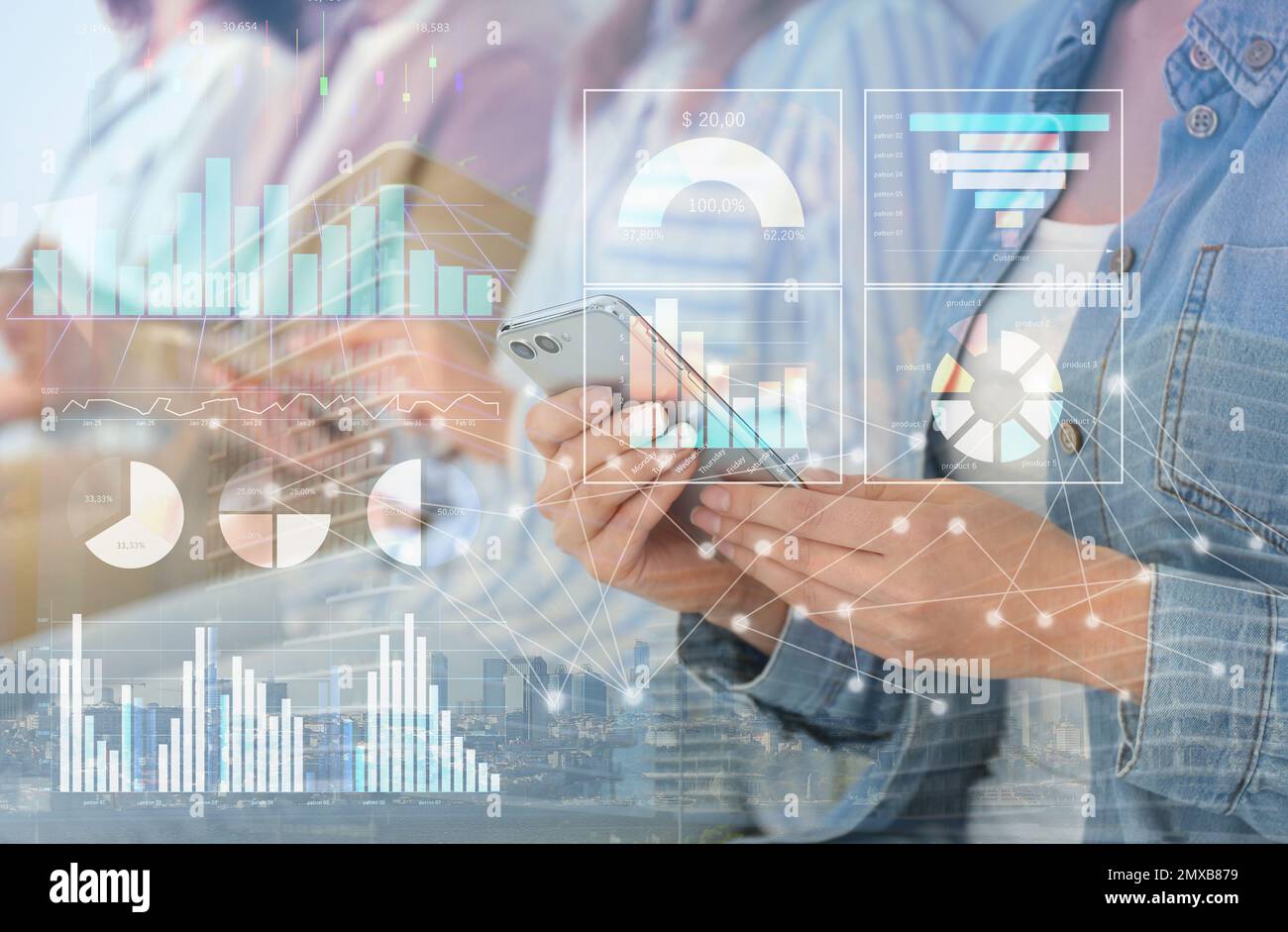 Financial technology and mobile communication concept. People working ...