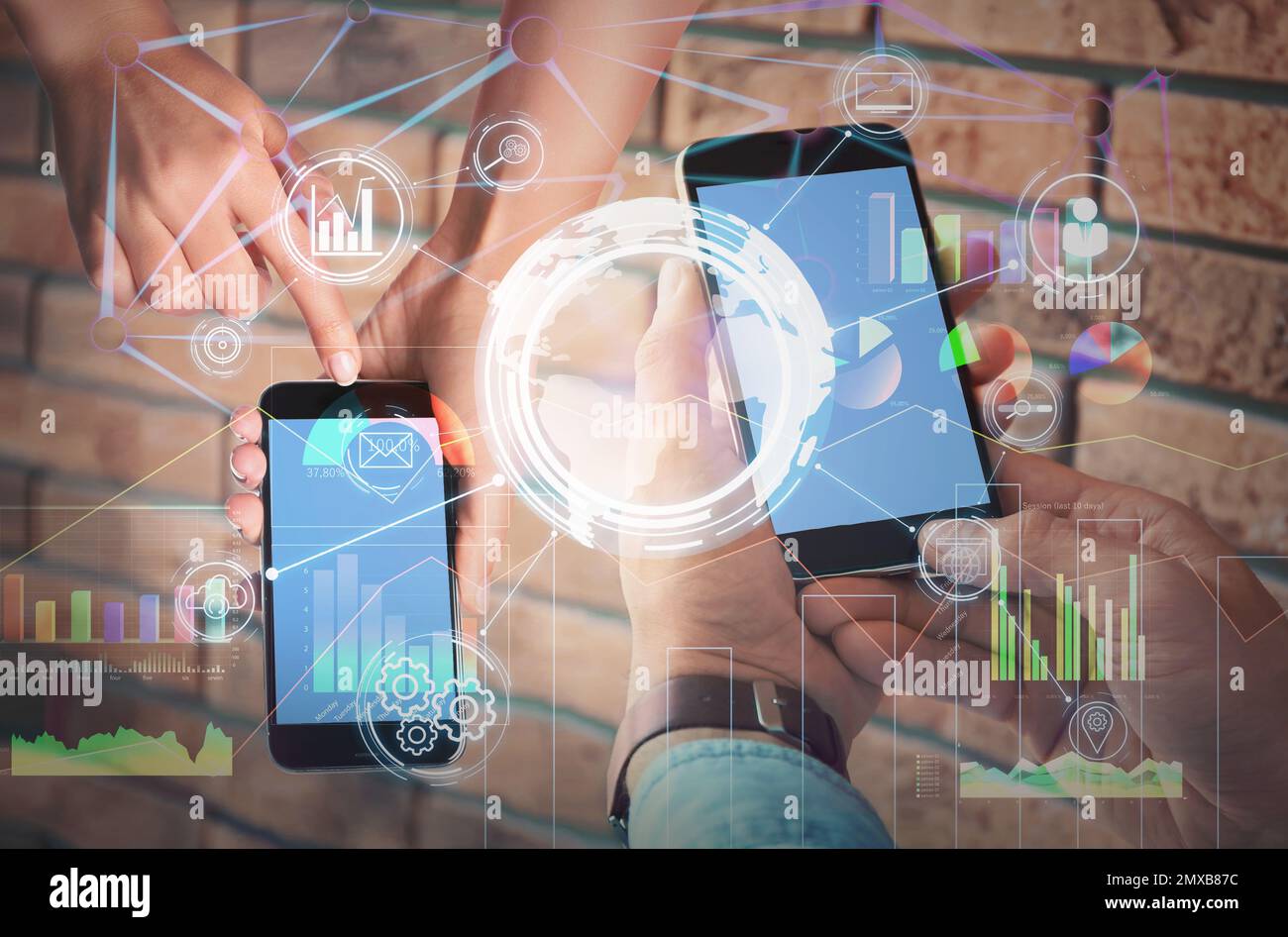 Financial technology and mobile communication concept. People working ...