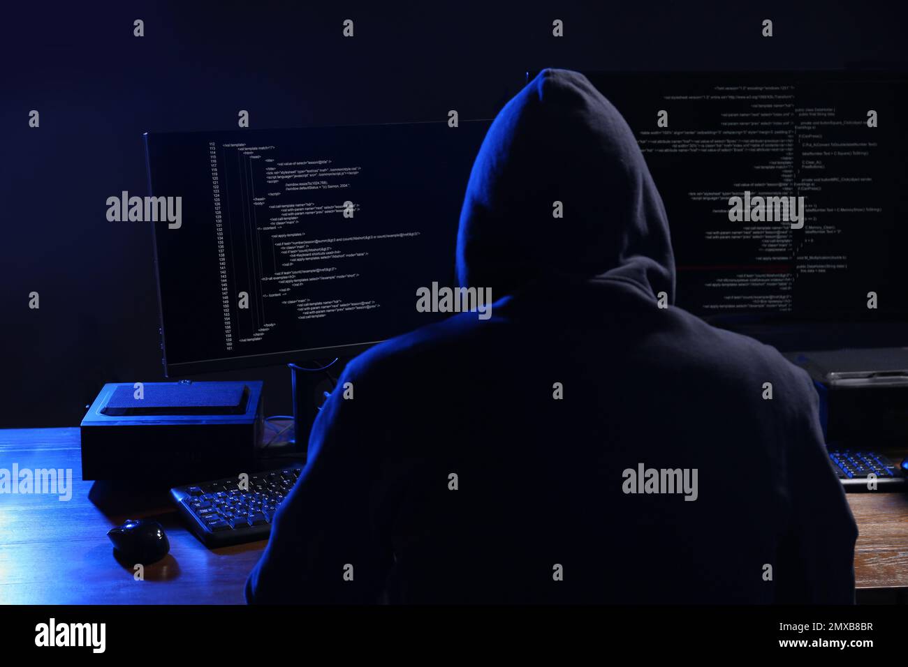 Hacker with computers in dark room. Cyber crime Stock Photo - Alamy