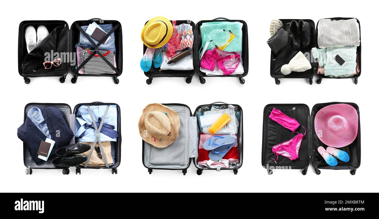Set of different suitcases packed for travelling on white background ...