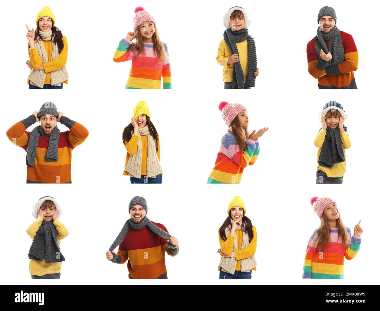 Collage with photos of people wearing warm clothes on white background ...