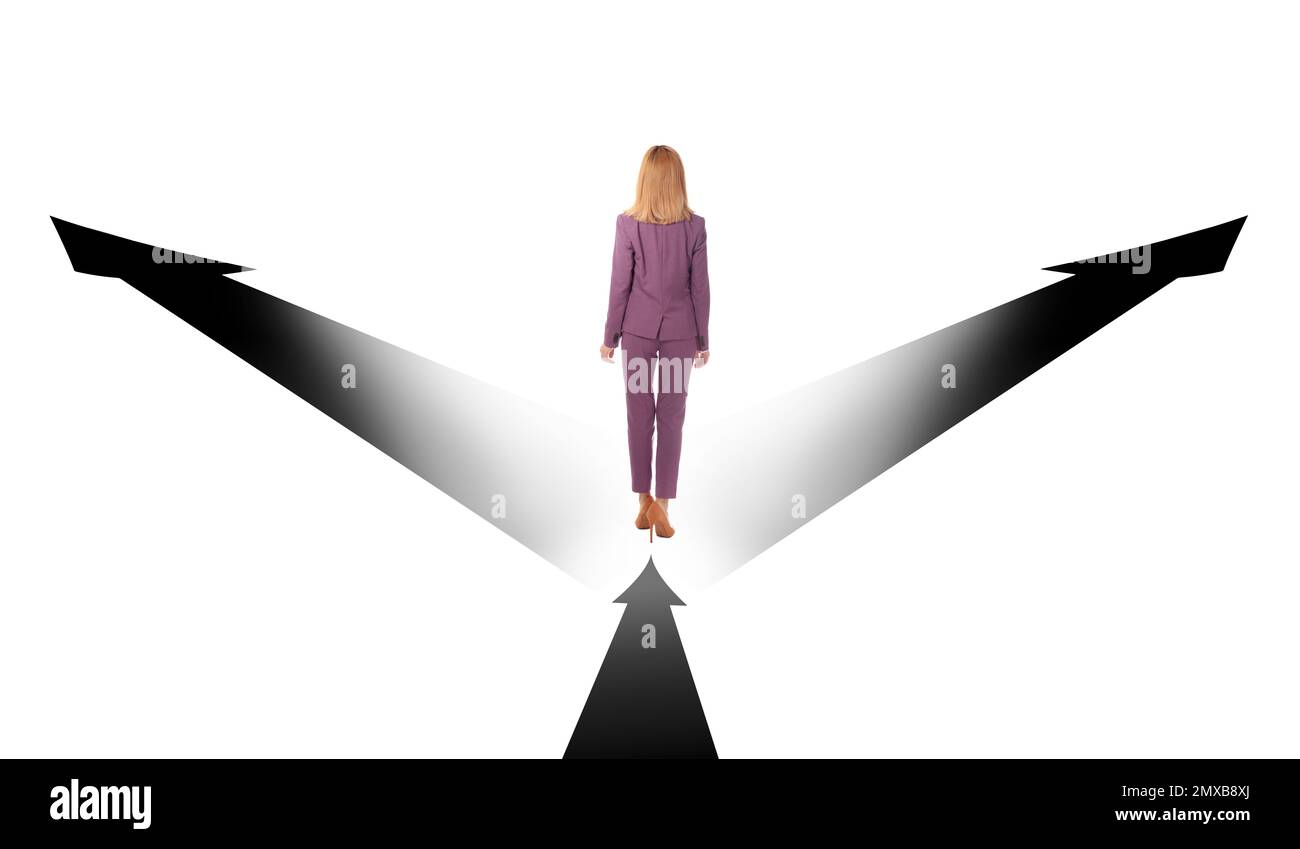 Choose your way. Woman and arrows pointing in different directions on ...