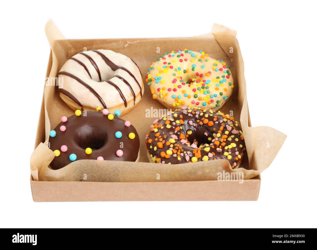 Tasty glazed donuts in cardboard box isolated on white Stock Photo - Alamy