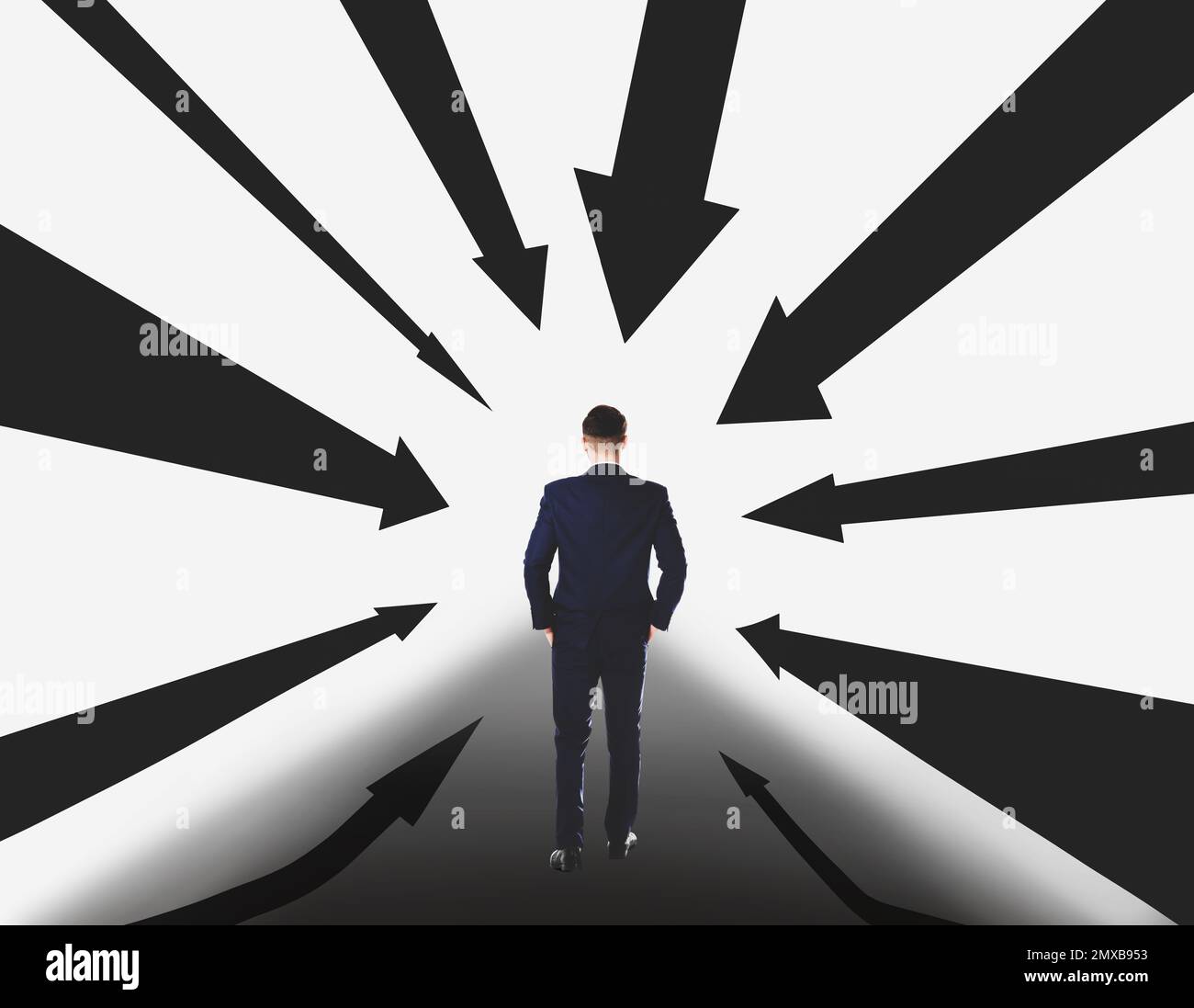Choose your way. Man and arrows on white background, back view Stock ...