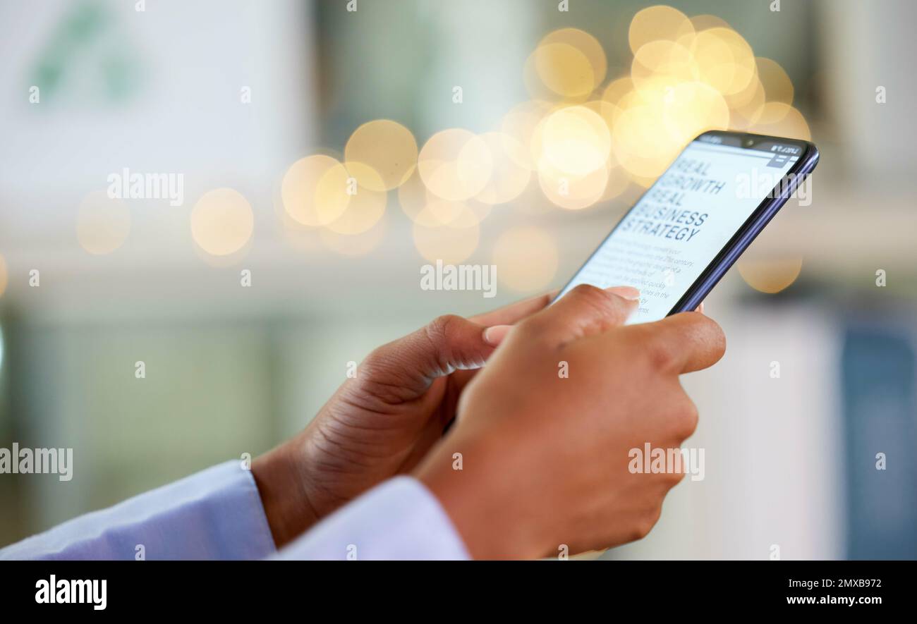 Business worker, hands or phone screen of strategy growth, timeline ...