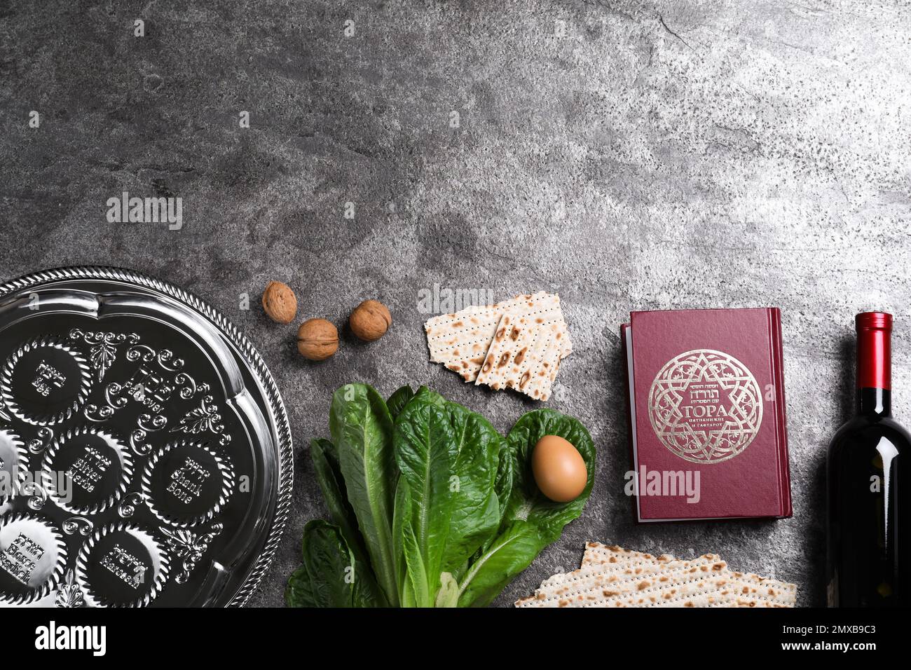 Flat lay composition with Passover Seder plate (keara) on grey table ...