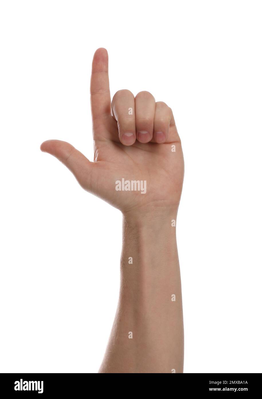 Man pointing at something against white background, closeup of hand ...